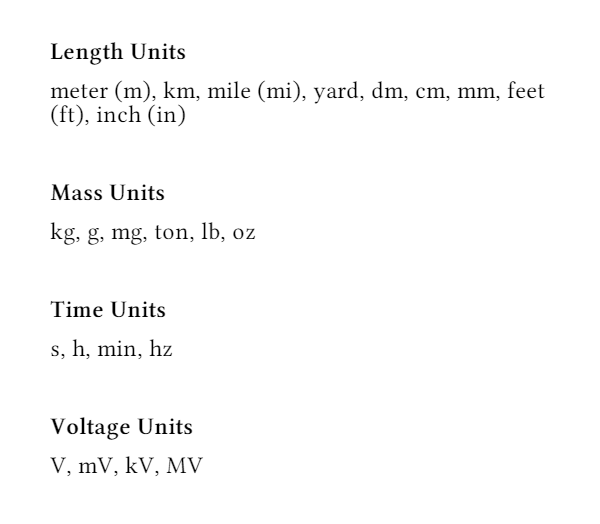 Supported Units in Maple Learn
