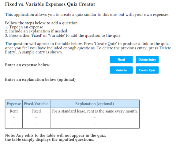 Fixed vs. Variable Expenses Quiz Creator